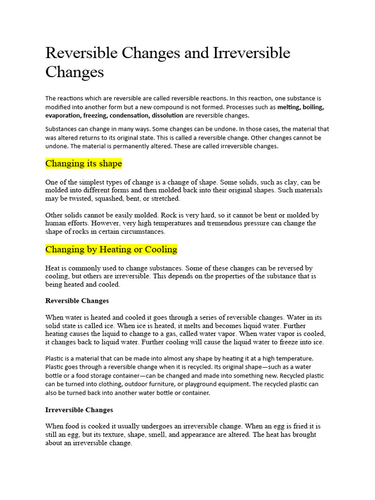 Reversible Changes and Irreversible Changes | PDF | Water | Cakes
