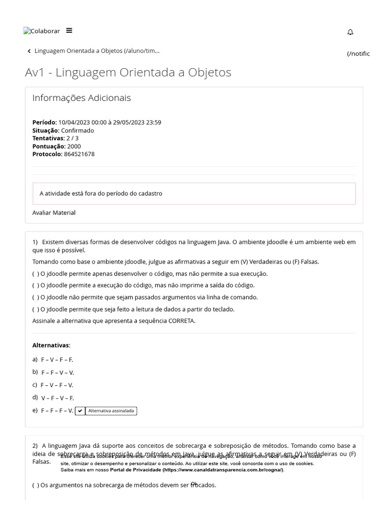 Colaborar Av1 Linguagem Orientada A Objetos Pdf Programação Orientada A Objetos Cookie