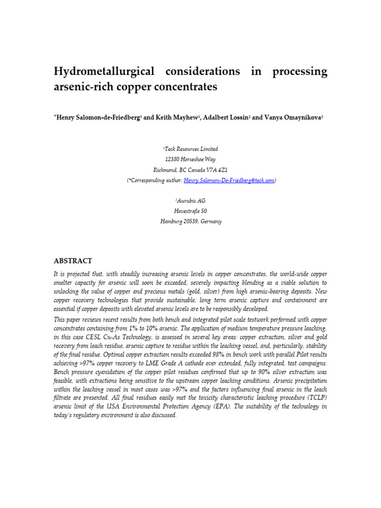 Copper-Arsenic Processing Advances | PDF | Copper | Arsenic
