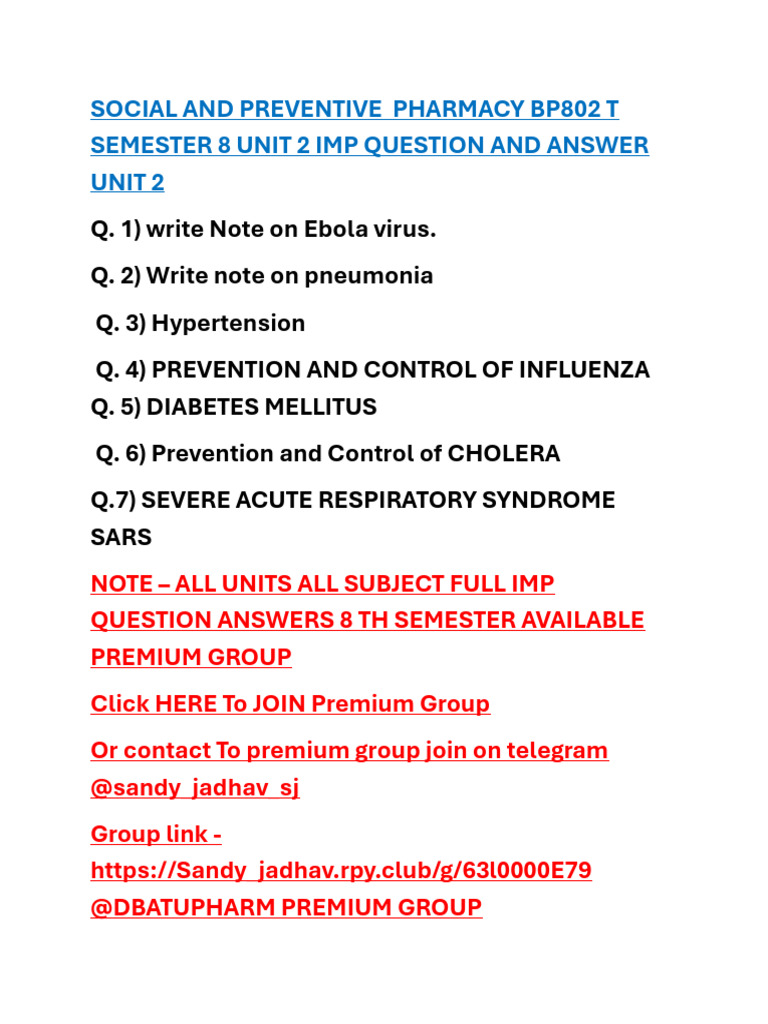 Social and Preventive Pharmacy BP802 T Semester 8 Unit 2 Imp Question and Answer Unit 2 | PDF ...