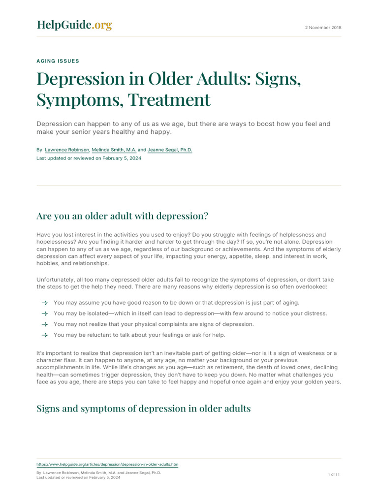 Depression in Older Adults - Signs, Symptoms, Treatment | PDF | Major ...