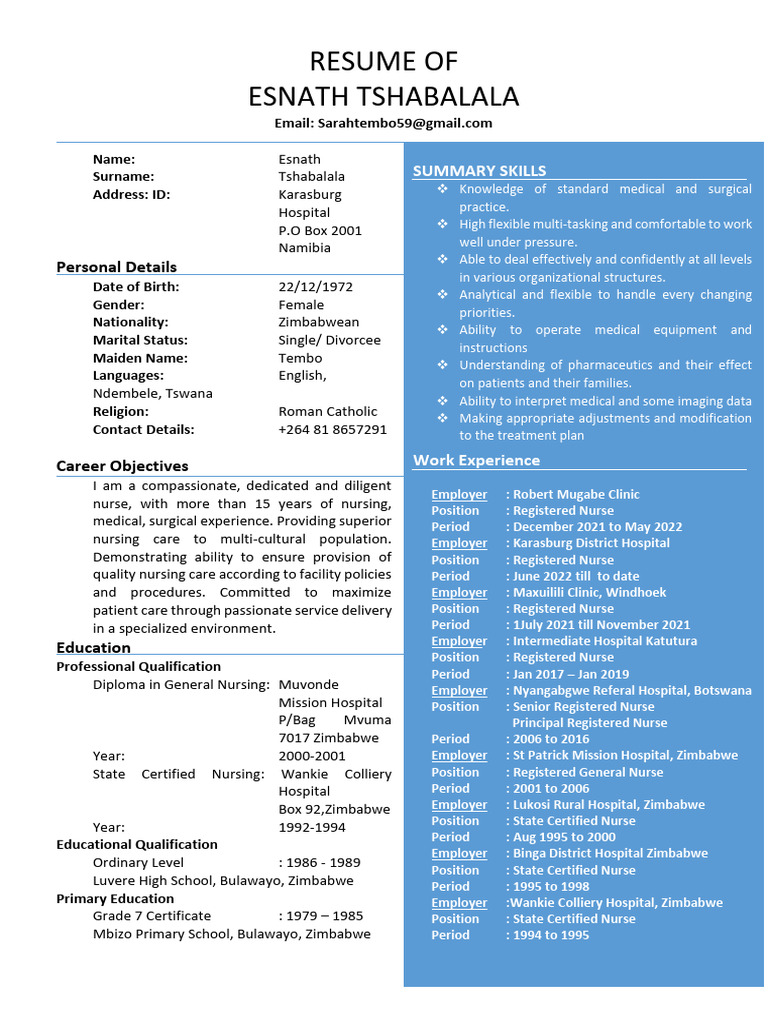 Resume of Esnath Tshabalala Final | PDF | Nursing | Patient