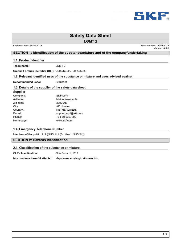 Sds SKF Grease k2k Din - 51825 | PDF | Waste | Waste Management