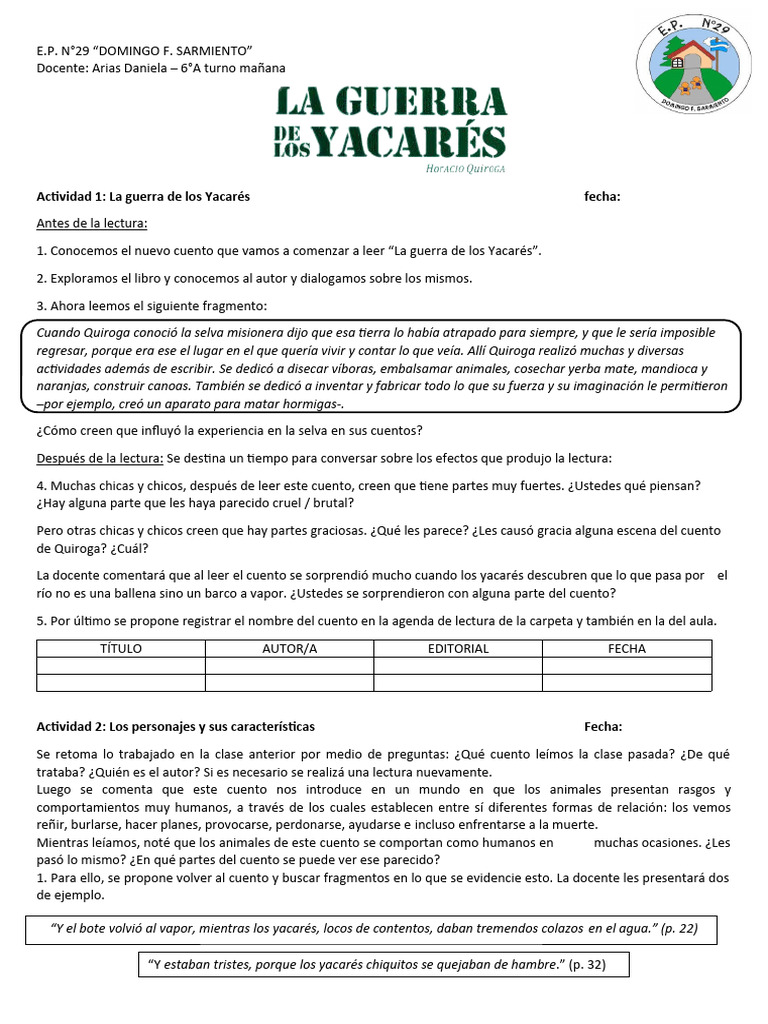 Actividades sobre "La guerra de los yacarés" | PDF | Verbo