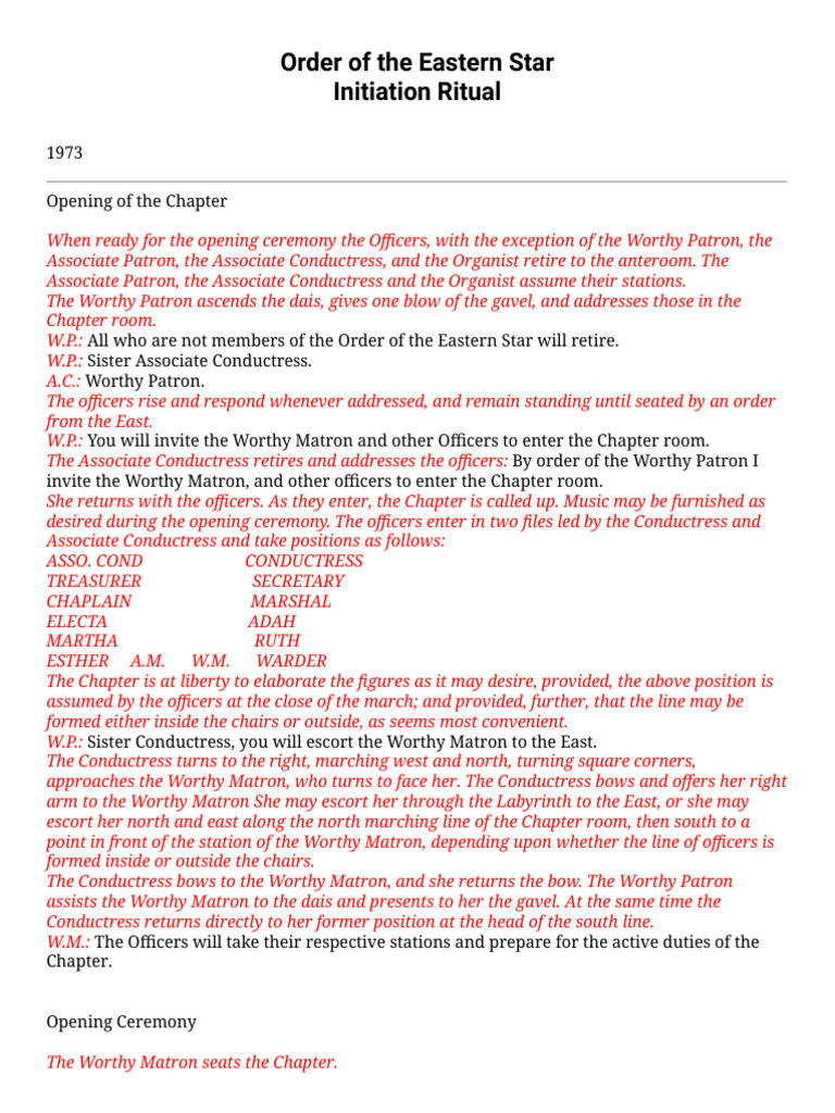 OES Initiation Ritual Guide 1973 | PDF