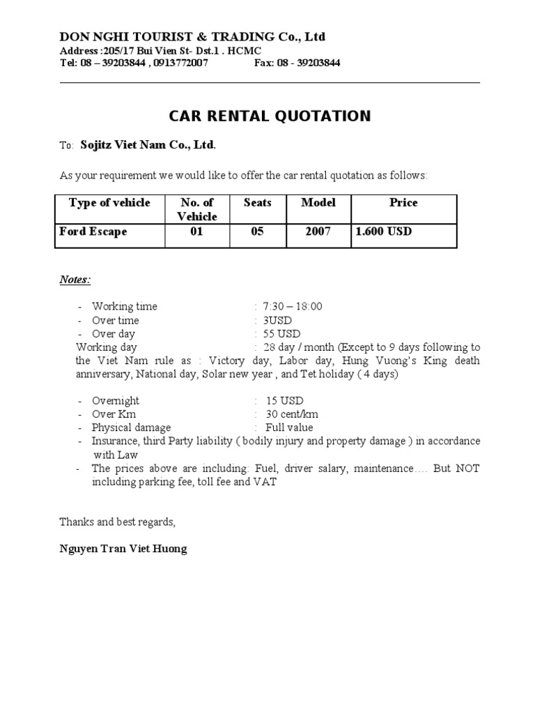 Car Rental Quotation Sojitz 14,9,2011 | PDF | Finance & Money Management