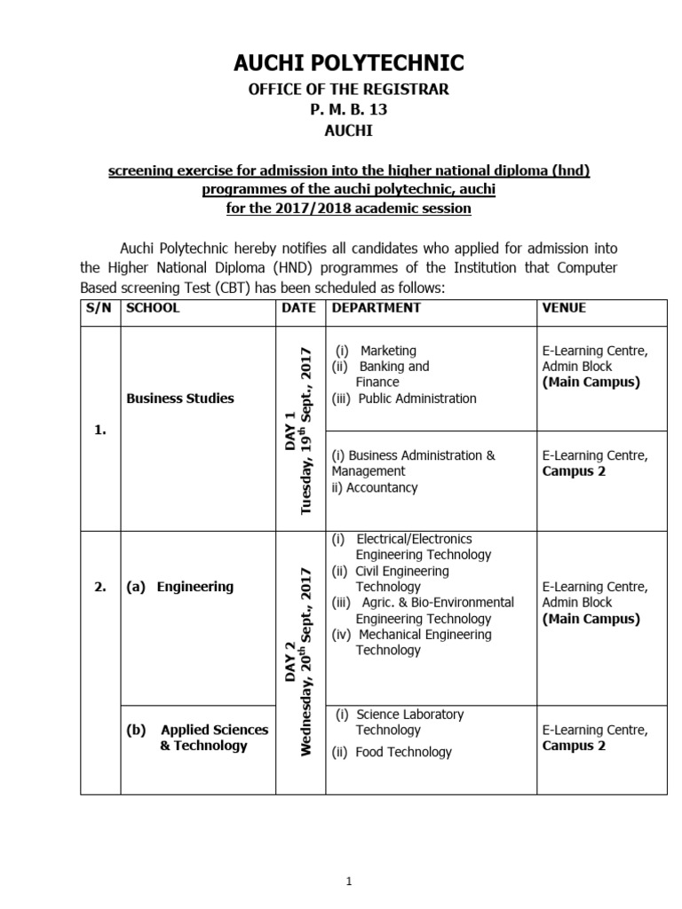 2017 18 HND SCREENING Time Table | PDF