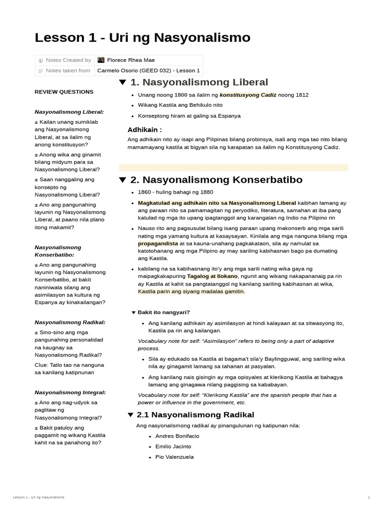 LESSON 1 Uri NG Nasyonalismo 10-19-23 | PDF