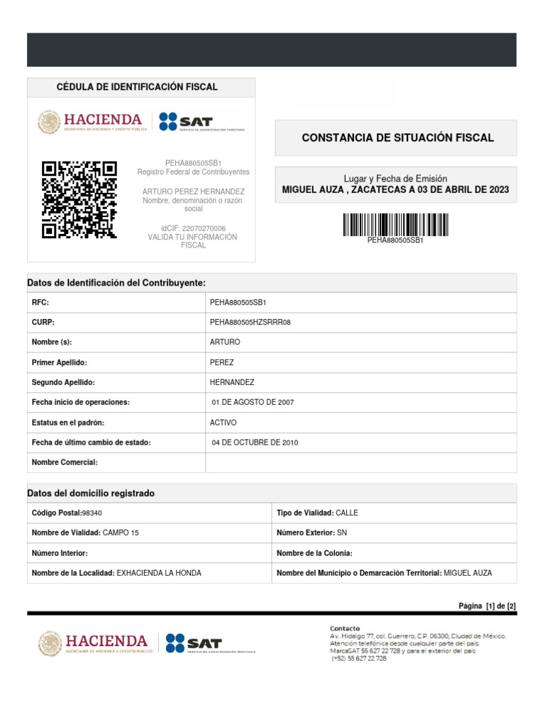 Cédula de Identificación Fiscal de ARTURO PEREZ | PDF | Finanzas y dinero