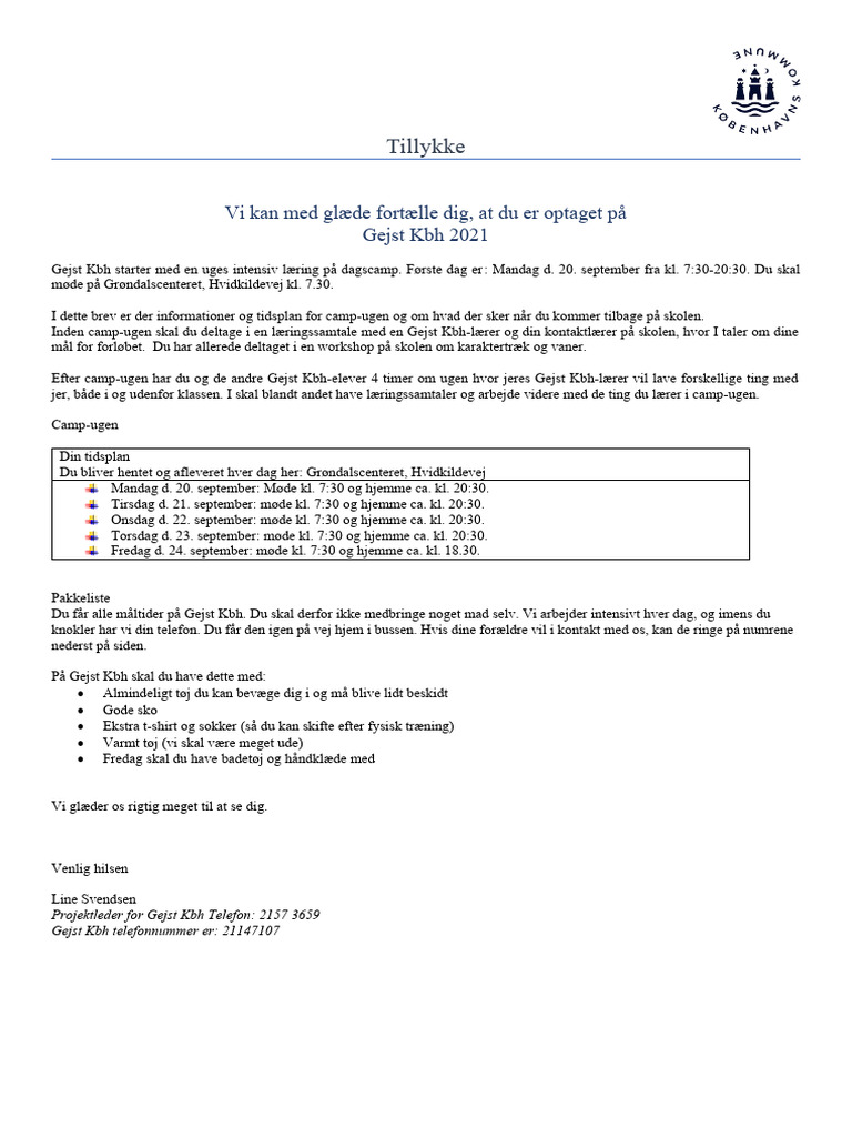 Optagelsesbrev Piger Gejst KBH 2021 | PDF