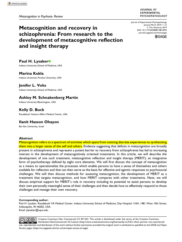 Metacognition and Recovery in Schizophrenia | PDF | Psychotherapy | Metacognition