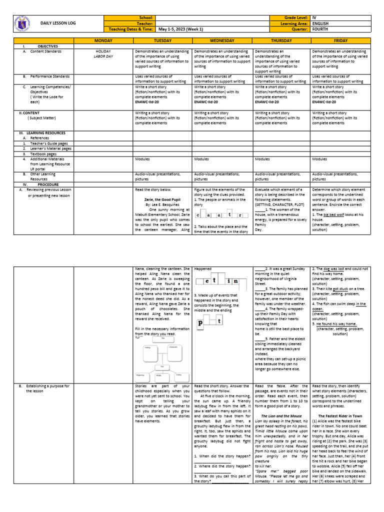 DLL - ENGLISH 4 - Q4 - W1 - Write A Short Story Fiction Nonfiction With ... DLL - ENGLISH 4 - Q4 - W1 - Write A Short Story Fiction Nonfiction With ...