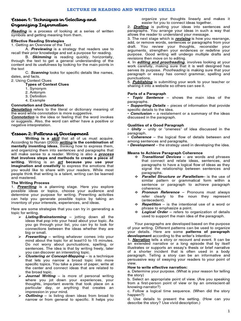Reading and Writing Skills Overview | PDF | Idea | Intertextuality