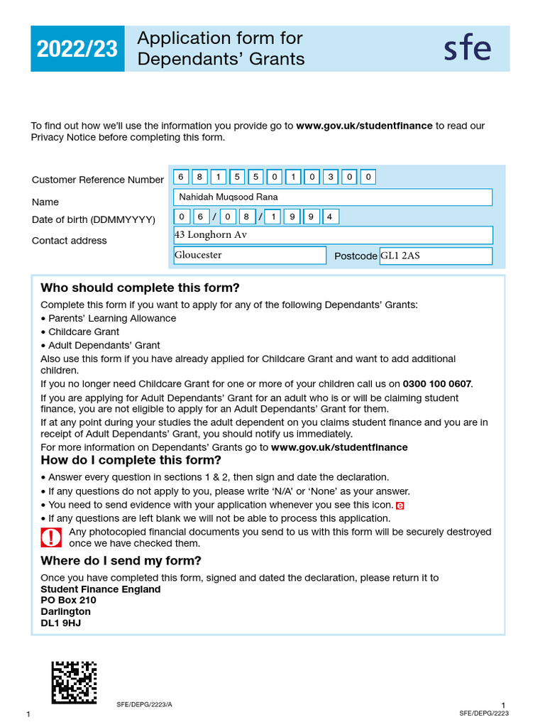 SFE Application For Dependants Grants Form 2223 DD | PDF | Income | Welfare