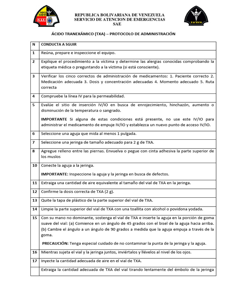 Ácido Tranexámico (Txa) - Protocolo de Administración CLS TCCC | PDF ...