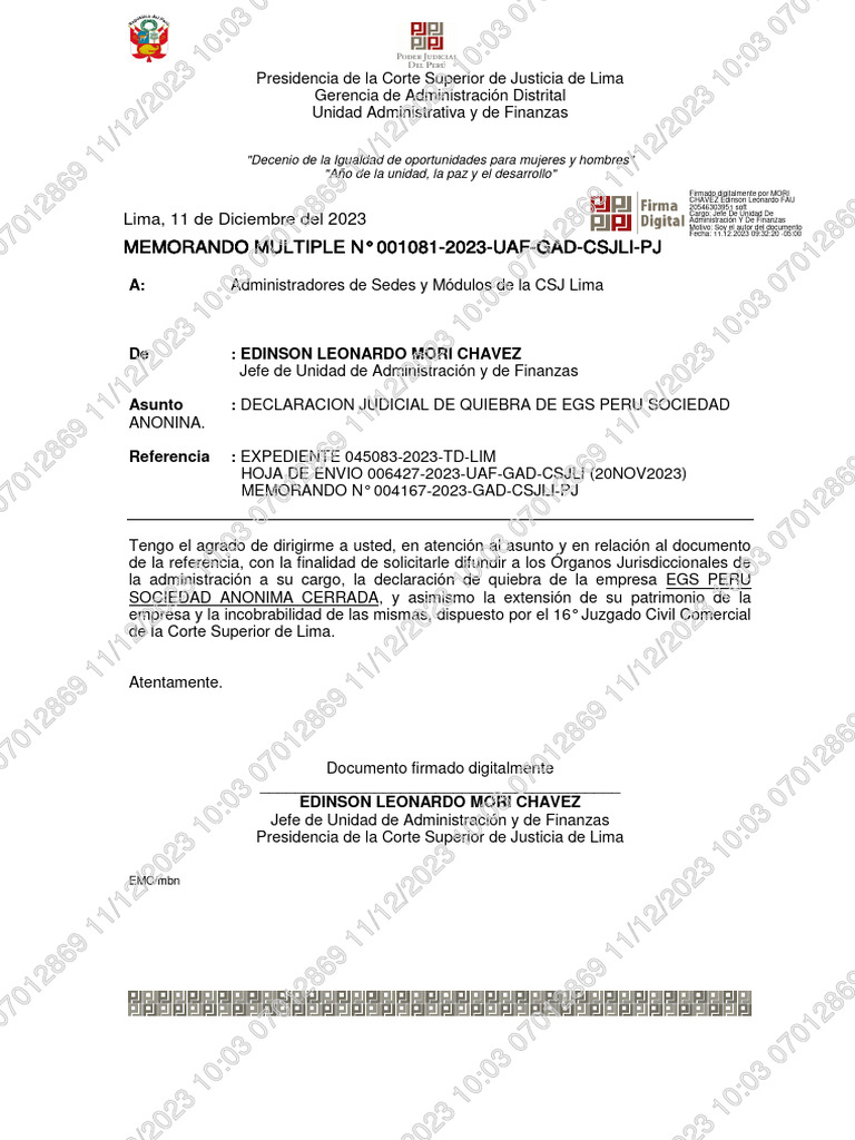MEMORANDO MULTIPLE-001081-2023-UAF-GAD-CSJLI y OFICIO-2023-13011-2023 | PDF | Instituciones ...