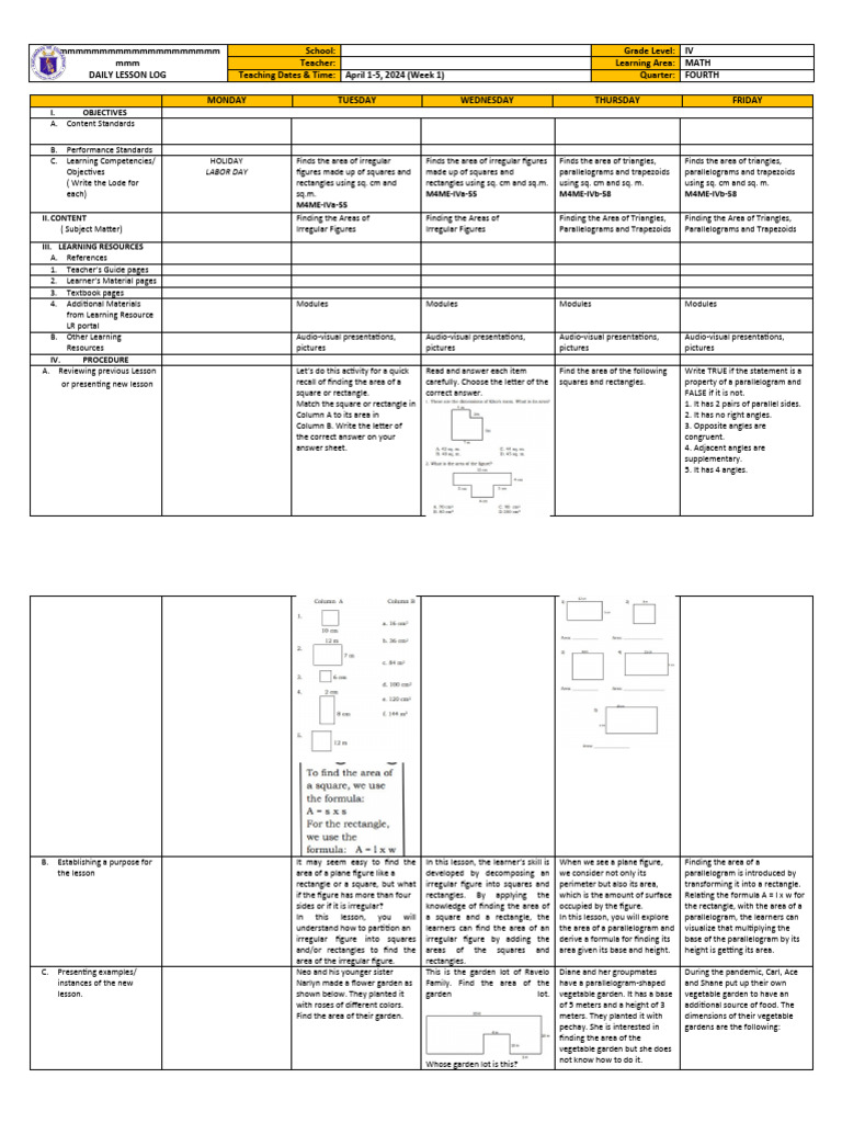 DLL - MATH 4 - Q4 - W1 - Finding The Areas of Irregular Figures, Triangles, Parallelograms and ...