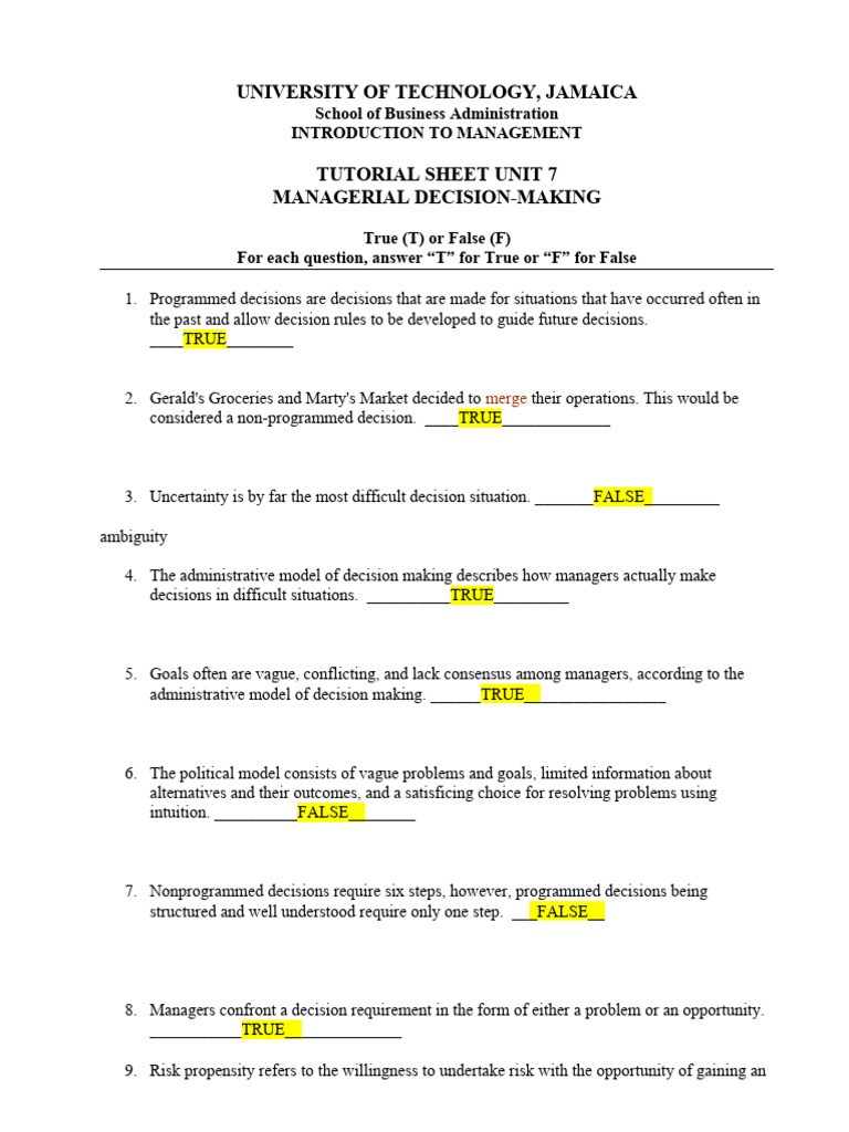 Tutorial 7 - Decision Making - Revised Student | PDF | Decision Making ...