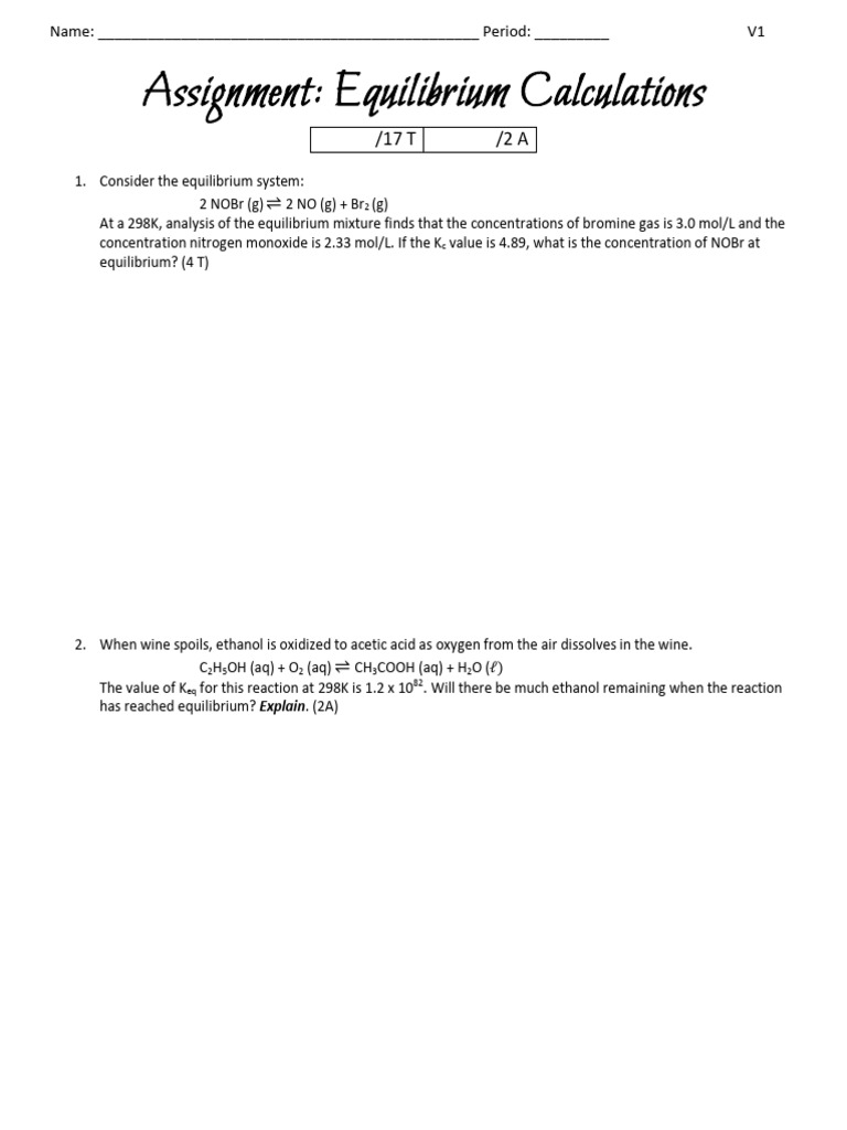 Assignment - Equilibrium Calculations (2023) | PDF