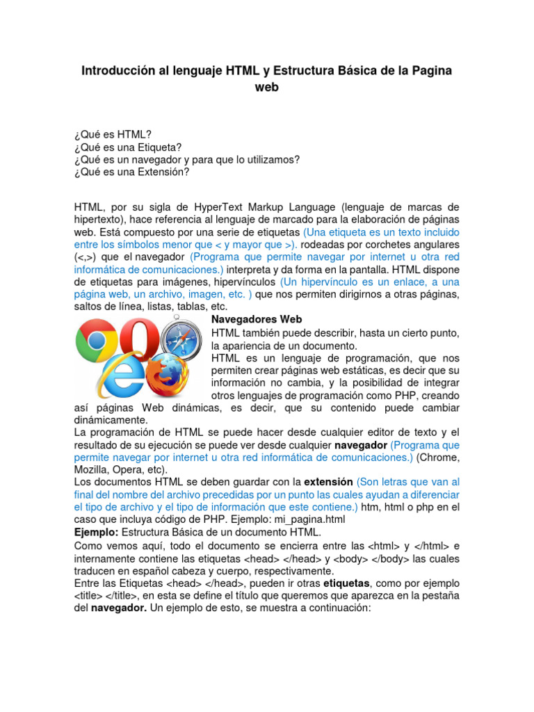 Introducción Al Lenguaje HTML y Estructura Básica de La Pagina Web | PDF | HTML | Red mundial