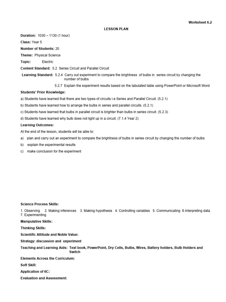Worksheet 6.2 (Lesson Plan) | PDF | Series And Parallel Circuits ...