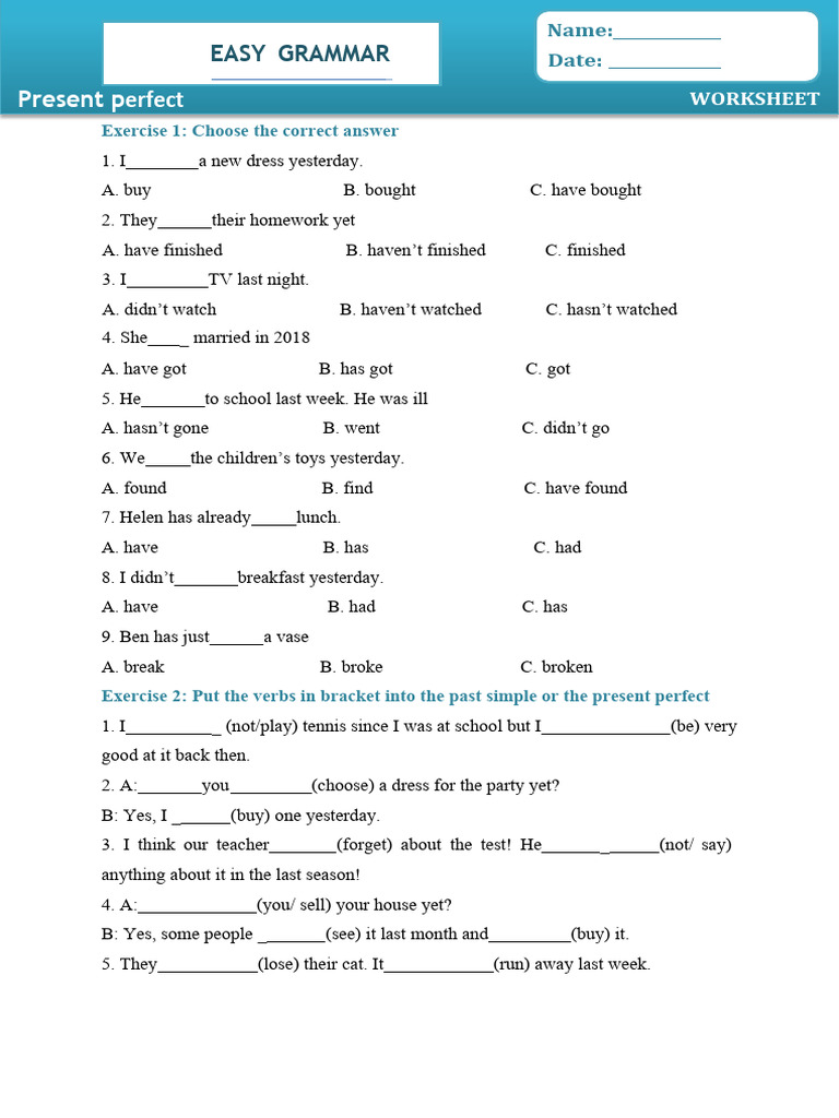 Present Perfect Grammar Worksheet | PDF