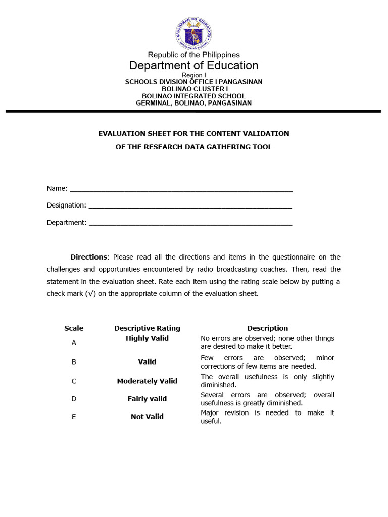 Content Validation Evaluation Sheet | PDF | Questionnaire | Cognition