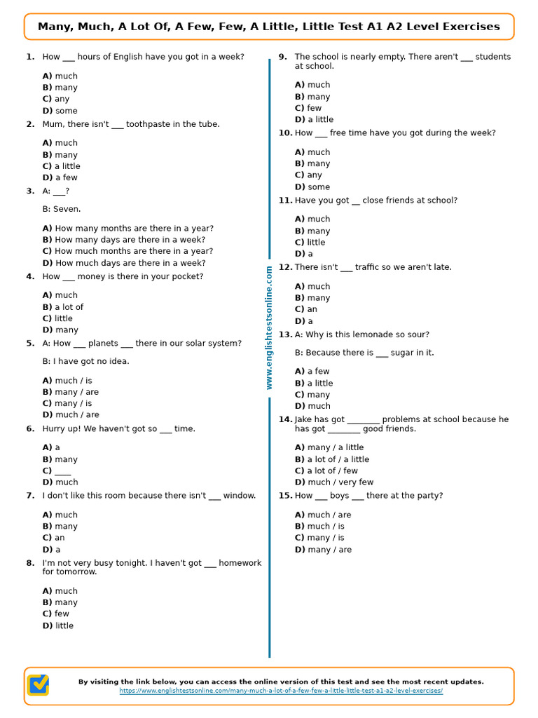 412 - Many Much A Lot of A Few Few A Little Little Test A1 A2 Level ...