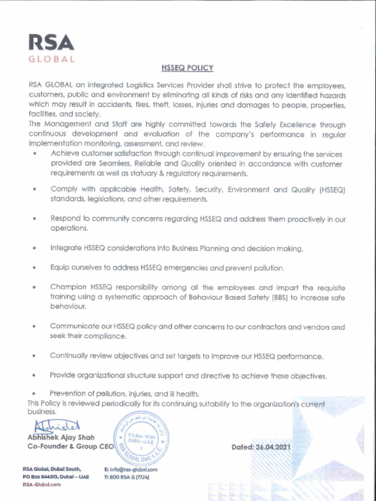 HSSEQ Policy 26 April 2021 | PDF