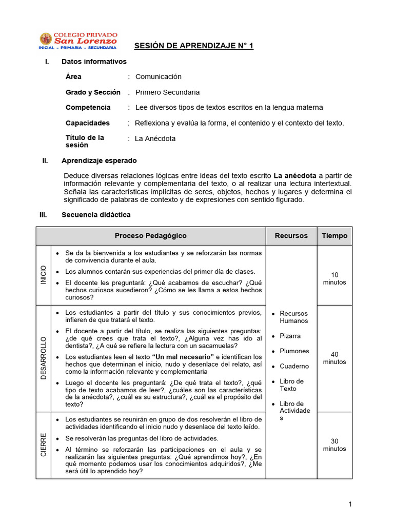 Sesión de Aprendizaje #01 - 1° Secundaria | PDF | Aprendizaje | Salón ... Sesión de Aprendizaje #01 - 1° Secundaria | PDF | Aprendizaje | Salón ...