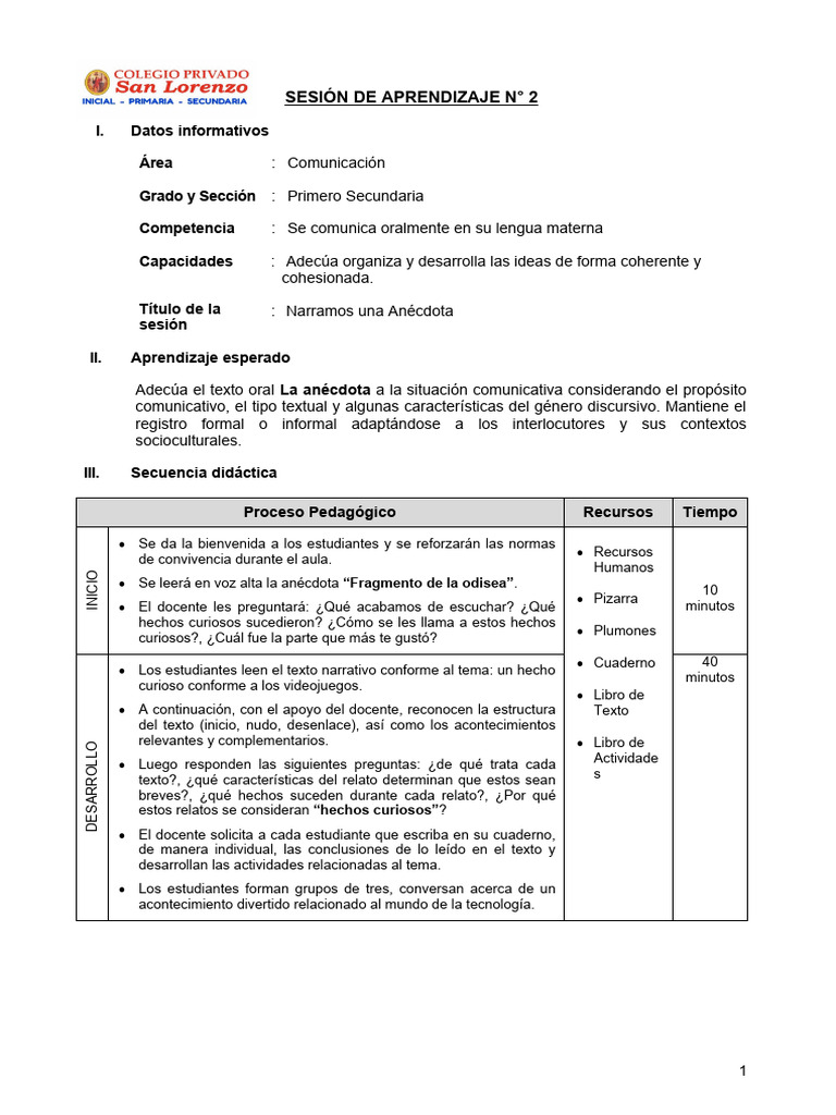 SESIÓN DE APRENDIZAJE N° 02 - 1° SECUNDARIA | PDF