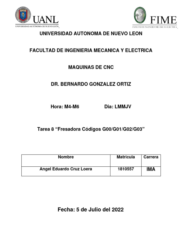Fresadora Códigos G00 G01 G02 G03 | PDF