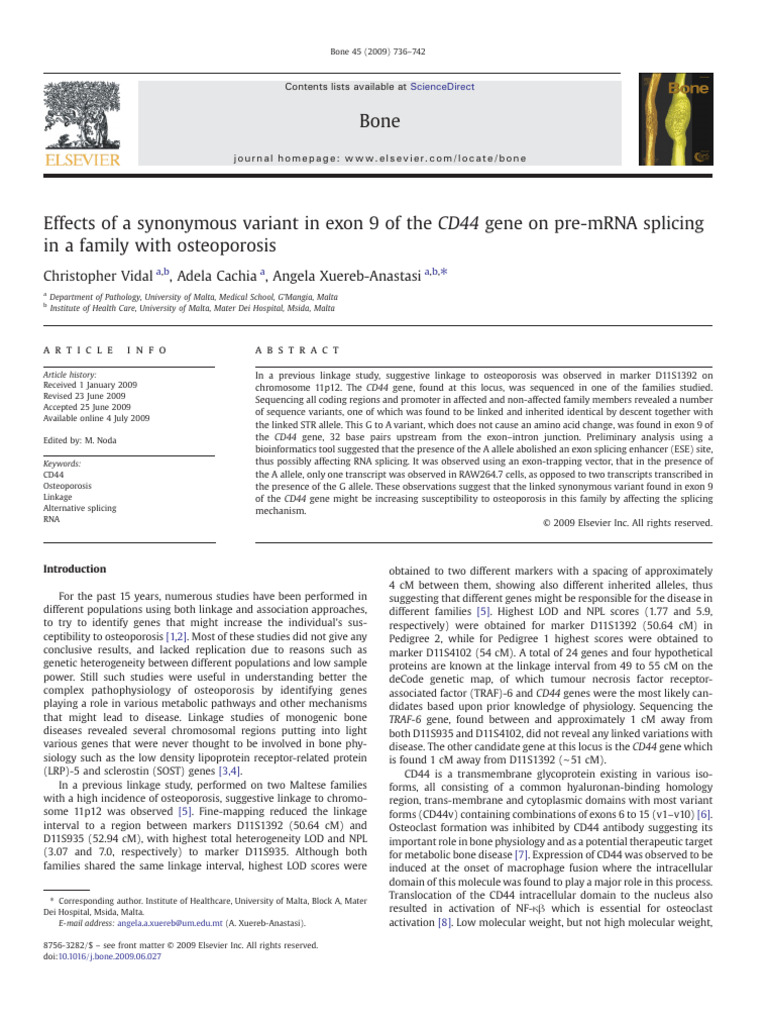 Effects of A Synonymous Variant in Exon 9 of The CD44 Gene On pre-mRNA ...