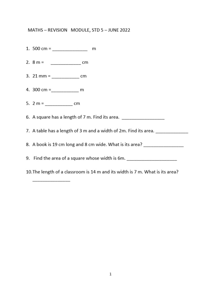 Std 5 Maths Revision Questions | PDF | Length | Area