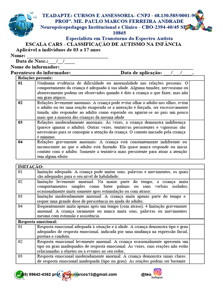 Escala Cars - Classificaã Ã o de Autismo Na Infã Ncia | PDF