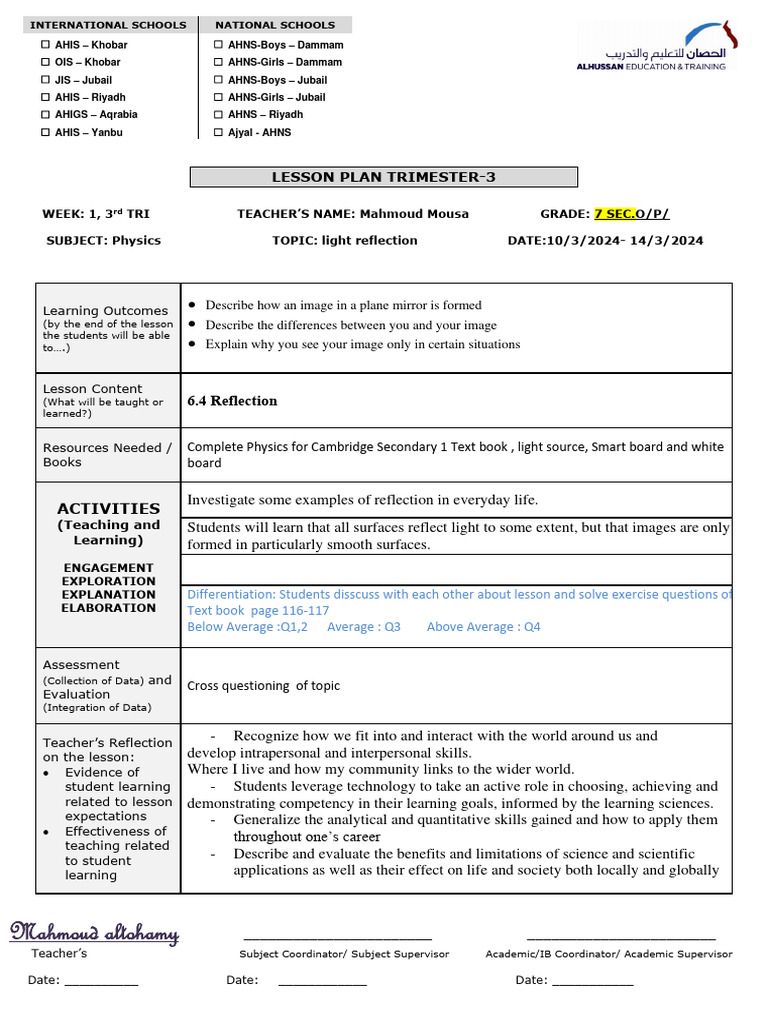 Lesson Plans - 7 (Week 2) | PDF | Teachers | Science
