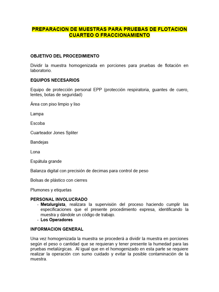 PREPARACION DE MUESTRAS PARA PRUEBAS DE FLOTACION HOMOGENIZADO Y ...