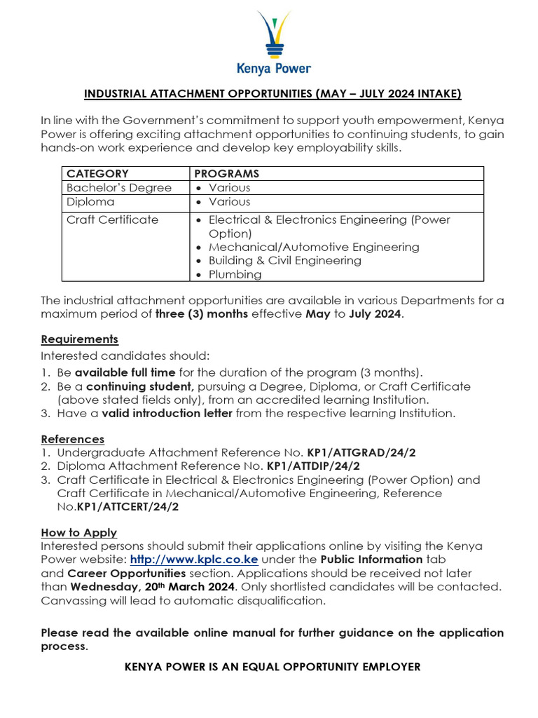 Kenya Power Industrial Attachment 2024 | PDF