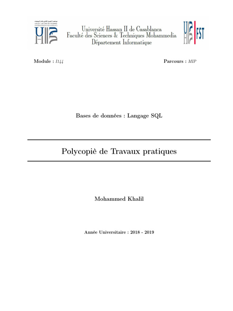 Polycopiè de Travaux Pratiques: Bases de Données: Langage SQL | PDF ...