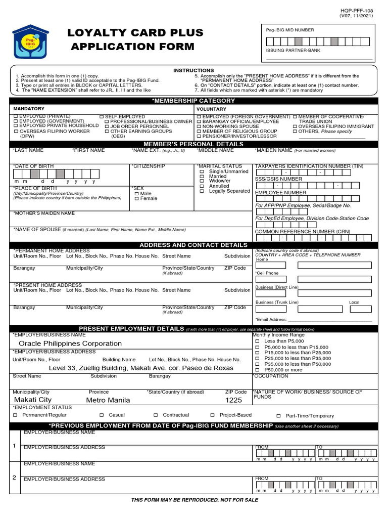 Loyalty Card Plus Application Form - OPH | Download Free PDF | Identity ...