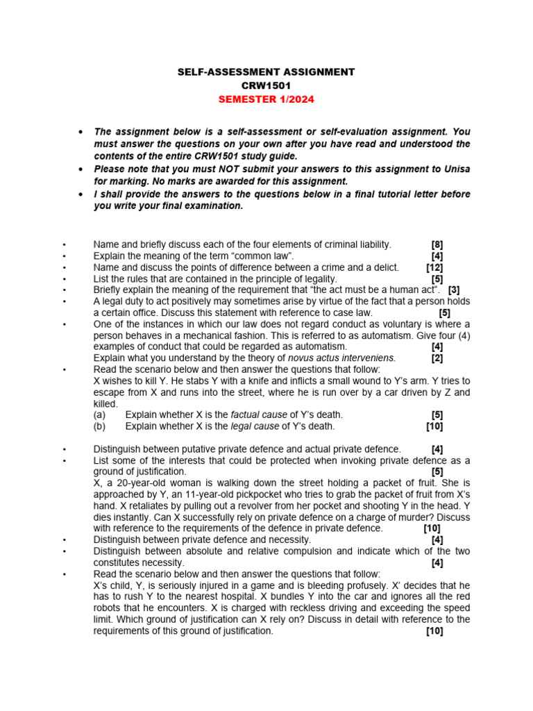 Self Assessment Assignment 2024 (CRW1501) | PDF | Intention | Justice
