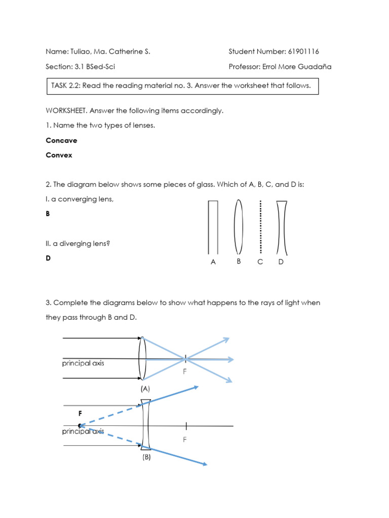 Lens Types and Light Behavior Worksheet | PDF | Lenses | Atomic