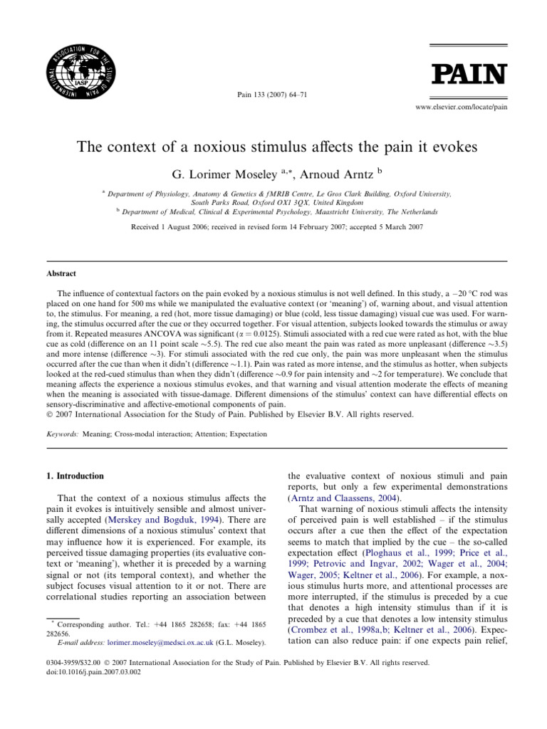 The Context of Noxious Stimulus | PDF | Pain | Attention