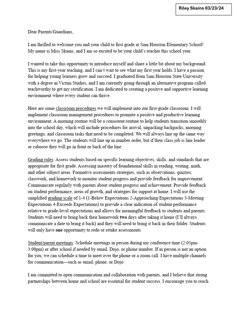 Welcoming Parent Letter | PDF | Cognition | Behavior Modification