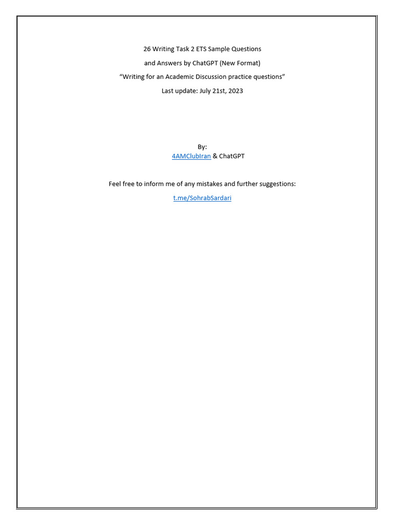 Writing Task 2 New Format ETS Sample Questions & Answers by Sohrab | PDF