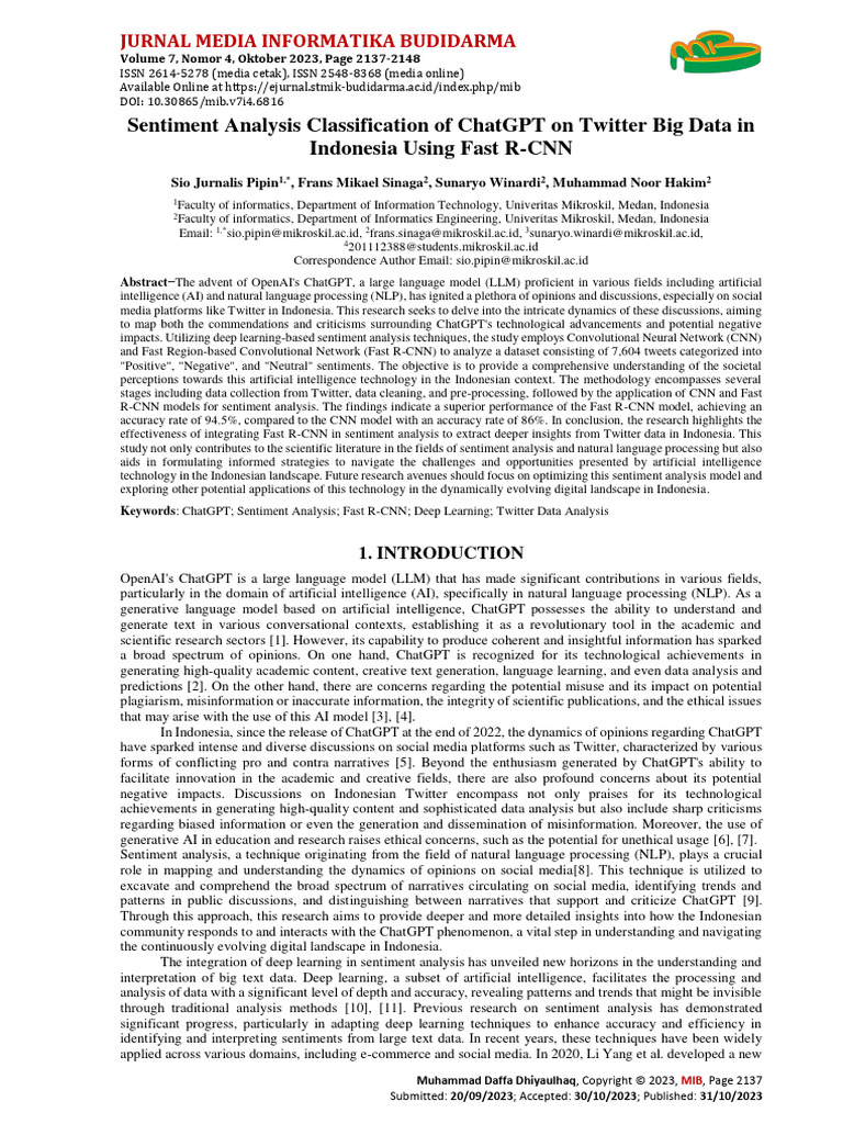 Sentiment Analysis Classification of ChatGPT on Twitter Big Data in Indonesia Using Fast R-CNN ...