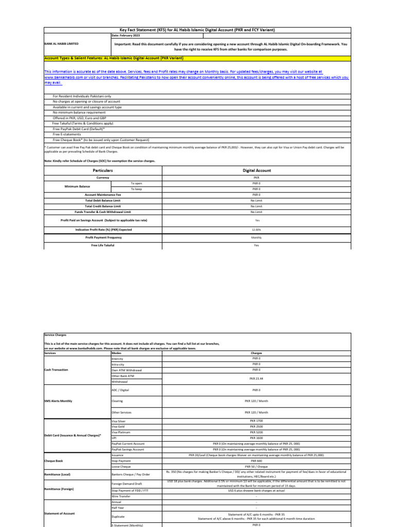 Key Fact Sheet For Islamic Digital Account | PDF
