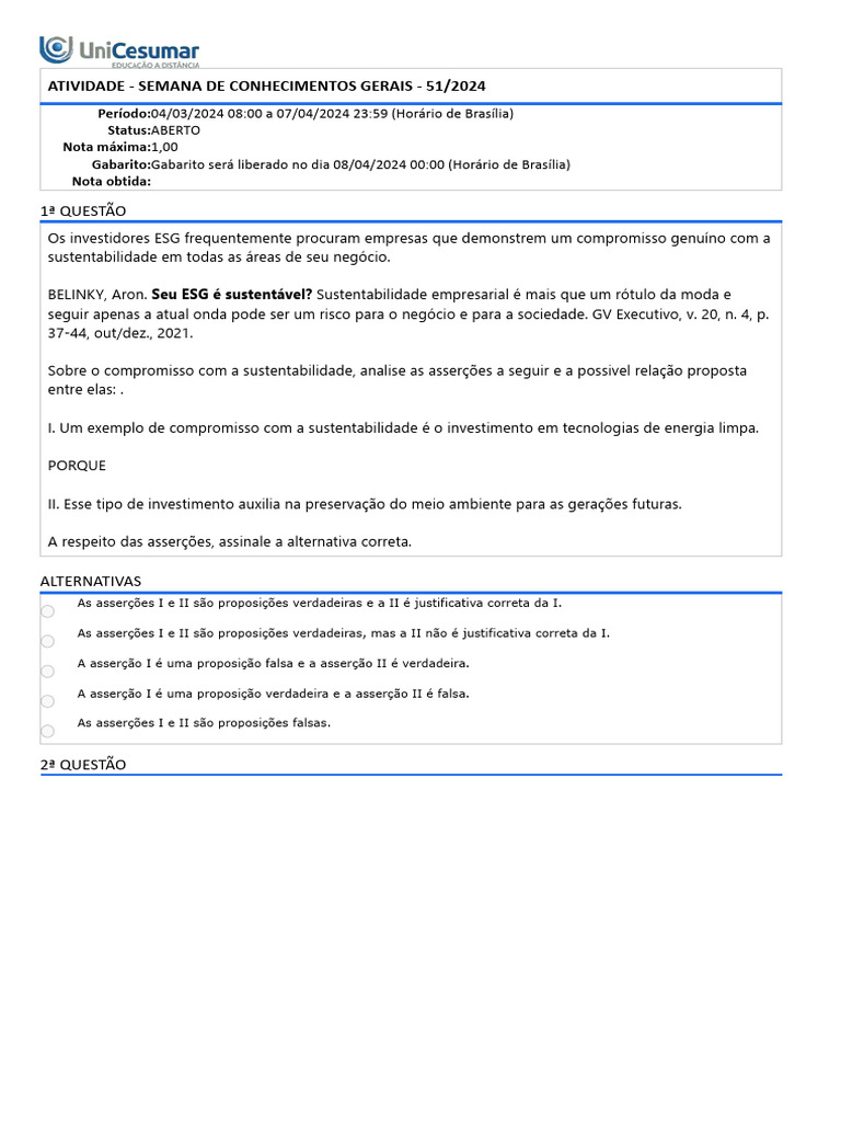 1 Questão: Atividade - Semana de Conhecimentos Gerais - 51/2024 | PDF