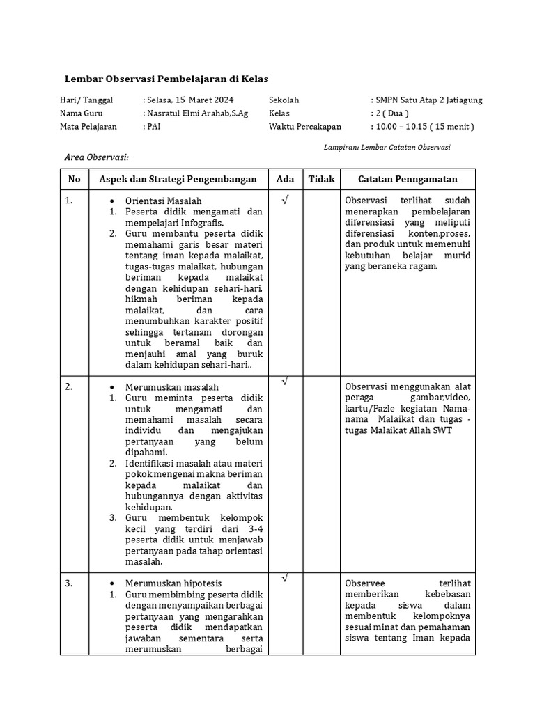 Lembar Observasi Kelas | PDF | Pengembangan Diri