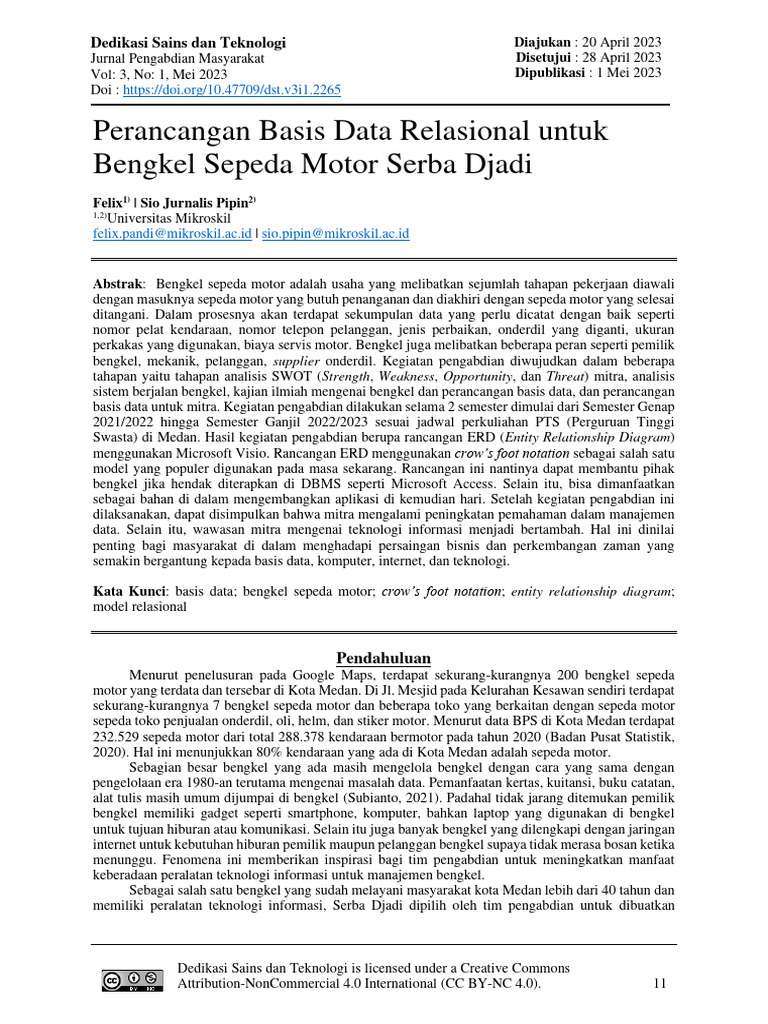 Perancangan Basis Data Relasional Untuk Bengkel Sepeda Motor Serba ...